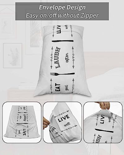 Edwiinsa Black Knife and Fork Eat Laugh Live Pillow Covers Standard Size Set of 2 20x26 Bed Pillow, Rustic White Plush Soft Comfort for Hair/Skin Cooling Pillowcases with Envelop Closure