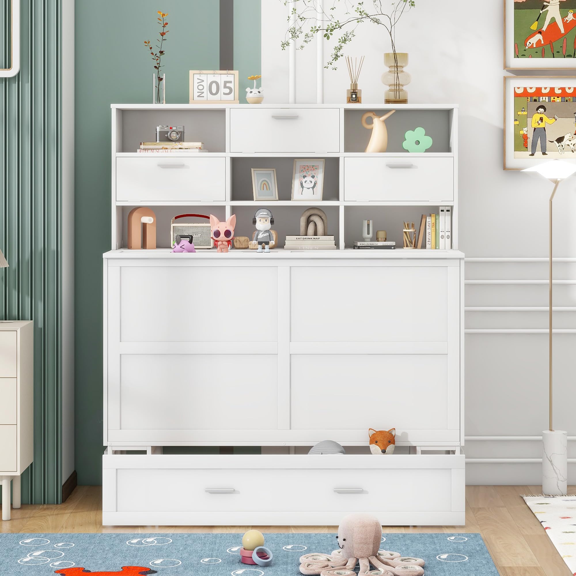 BIADNBZ Queen Size Murphy Bed, Space-Saving Wall Cabinet Beds with Bookcase Storage, Bedside Shelves and a Big Drawer for Guest Room Home, White