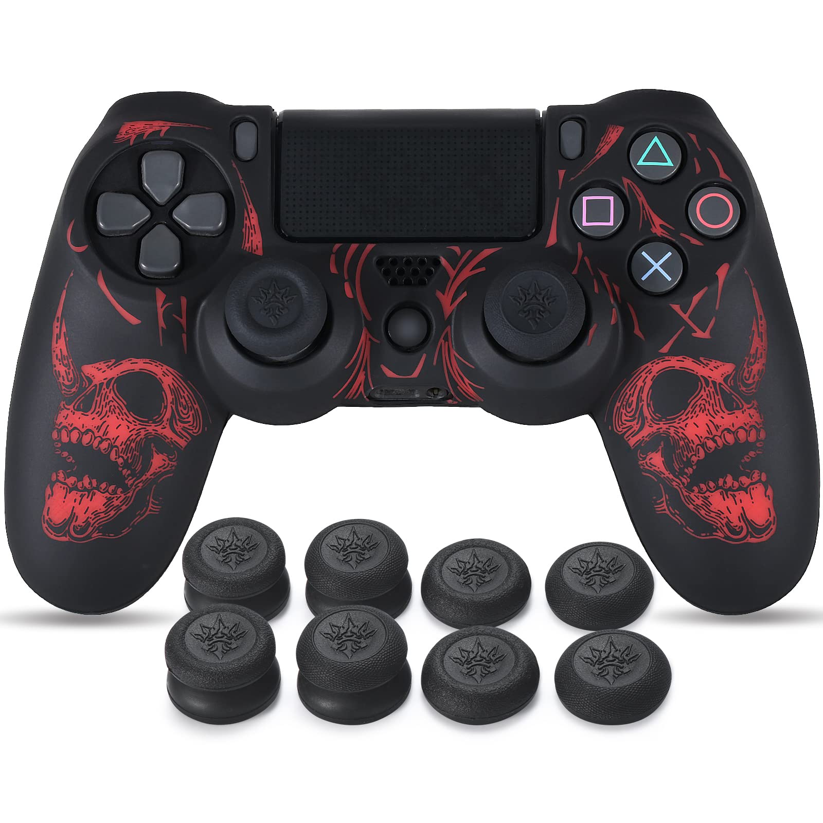 YoRHa Laser Carving Silicone Skin for PS4 Controller x 1(Skulls Red) with Exclusive Thumb Grips x 8