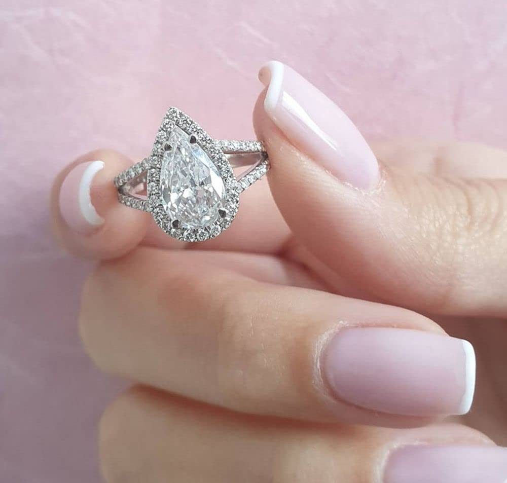 Blocaci Pear Shaped Engagement Rings for Women Platinum Plated Silver 1 Carat Center Moissanite Teardrop Women's Engagement Rings Wessing Anniversary Rings with Text Engraving(size 7