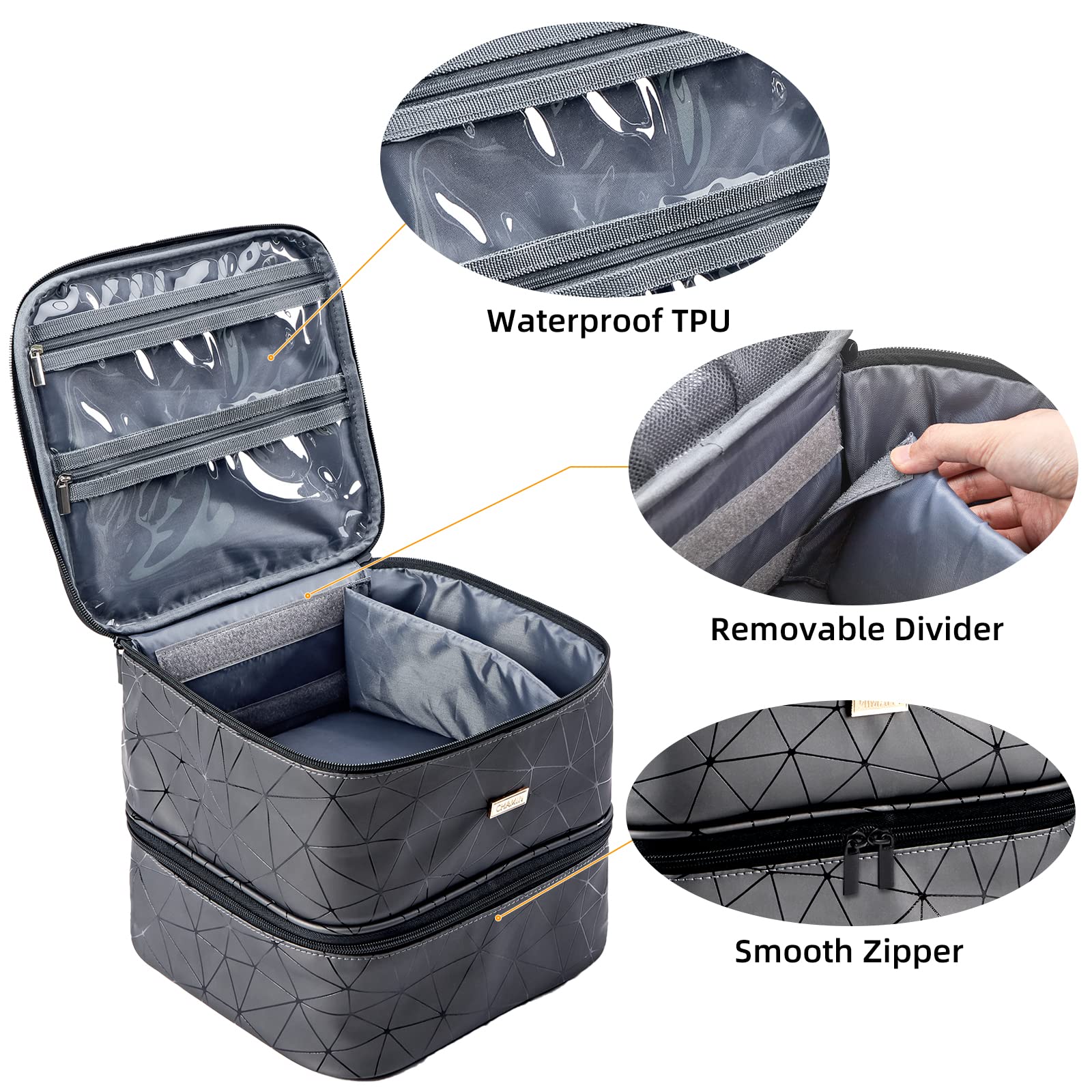 CHAMIN Nail Polish Organizer Case Hold 42 Bottles (15ml) and Nail Lamp, Nail Art Supplies Carrying Case With Detachable Interior, Double Layer Grey