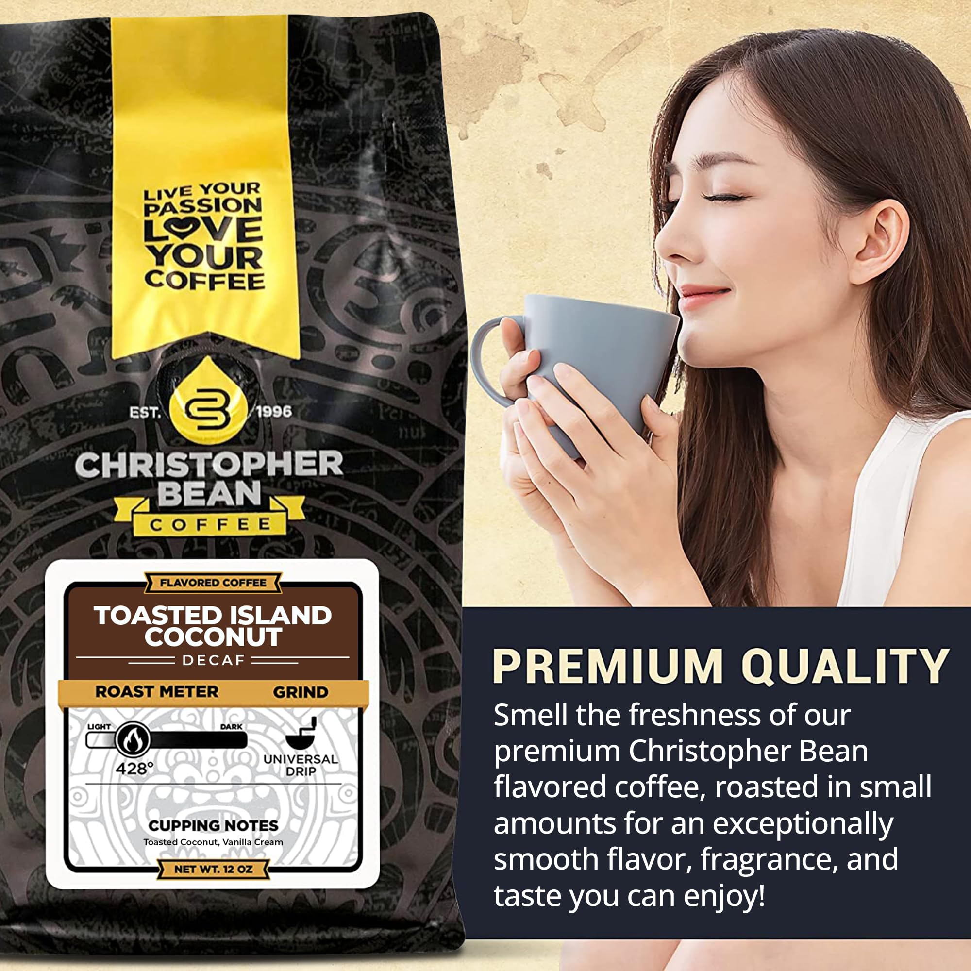 Christopher Bean Coffee - Toasted Island Coconut Flavored Coffee, (Decaf Ground) 100% Arabica, No Sugar, No Fats, Made with Non-GMO Flavorings, 12-Ounce Bag of Decaf Ground coffee
