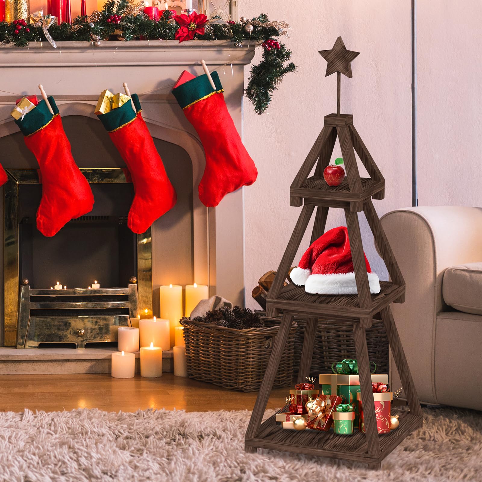 Cotata 41.3 inch 3-Tier Christmas Bookcase,Ladder Corner Solid Wood Tree Bookshelf for liveroom,Walnut