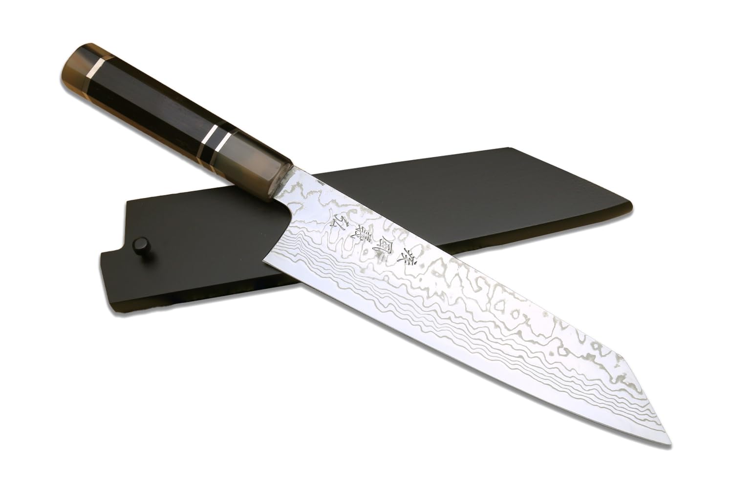 Yoshihiro Hayate ZDP189 Suminagashi Super High Carbon Stainless Steel Kiritsuke Knife Octagonal Ebony Wood Handle with Triple Ring (8.25" (210mm))