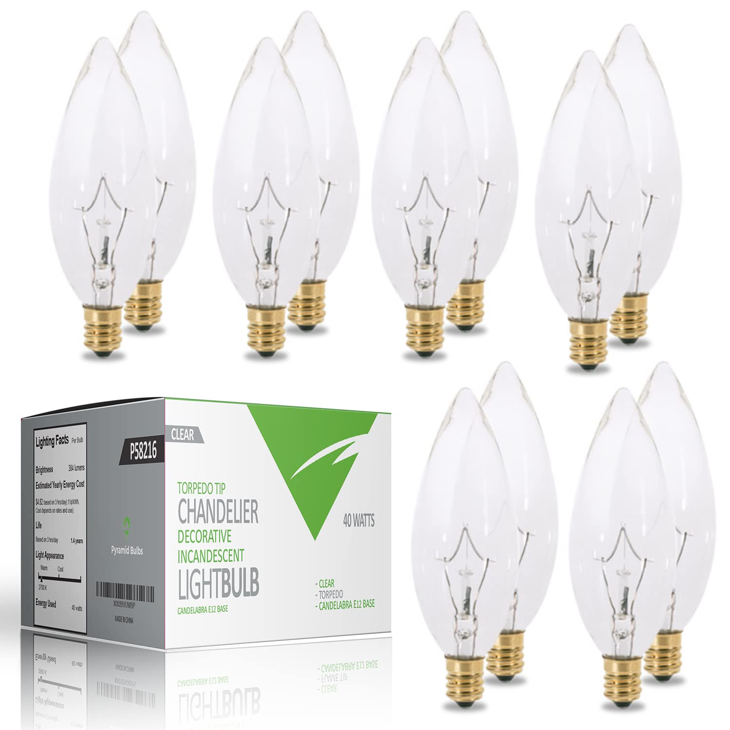 BULBMASTER Blunt Tip Decorative Candle Light Bulbs CTC Chandelier Bulbs Torpedo Tip Incandescent Light Bulbs, E12 Candelabra Light Bulb Base, Soft White, Pack of 12 (40CTC)
