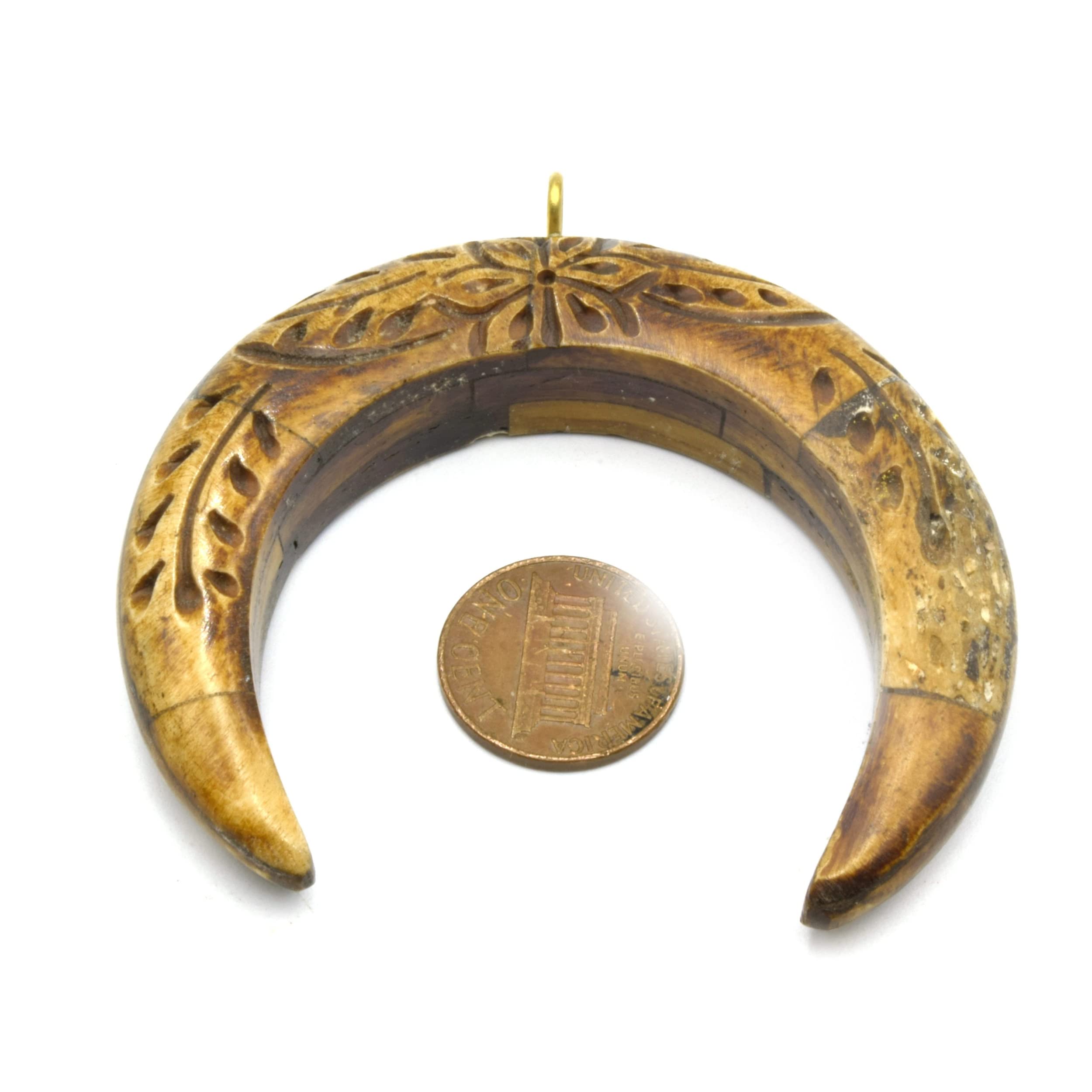 Bone Pendant | Floral Carved Crescent Pendant | Ox Bone Focal Pendant | White