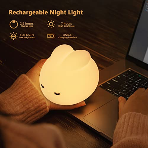 POQCCT Decor Night Light for Kids USB Rechargeable Cute Bunny LED Lamp with Timer & Touch Control Rabbit Shape Dimmable Warm Night Lights for Baby Breastfeeding Sleep Nursery Soft Eye Caring