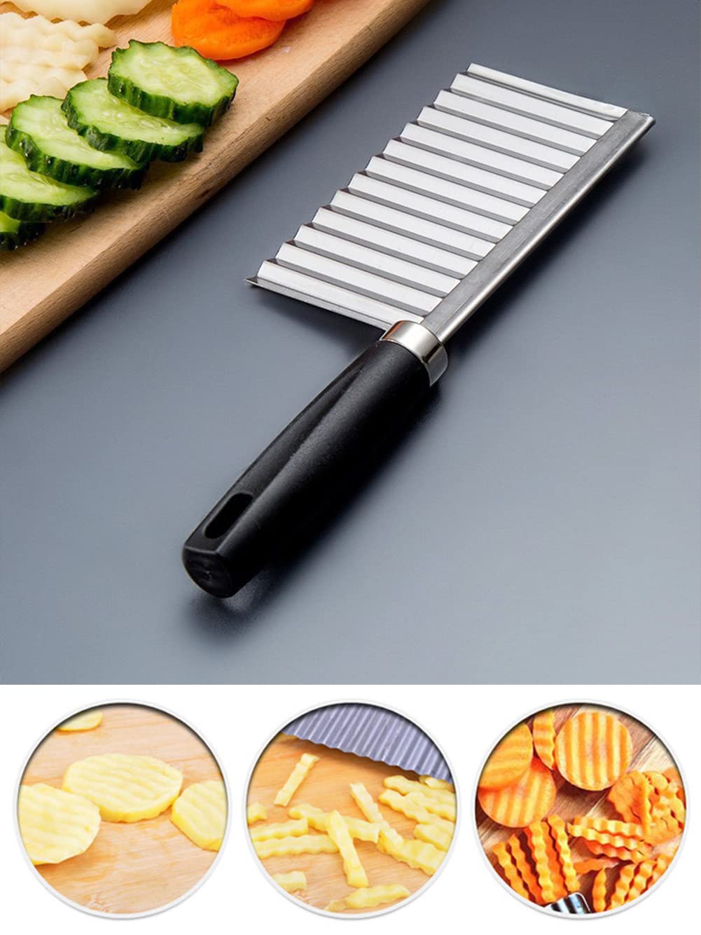 Crinkle Cutter Knife Stainless Steel Cutting Tool for Potato Carrot Chip Vegetable French Fry, Wavy Chopper Wave Slicer Steel Blade, Kids Lunch Accessories (Black Handle)