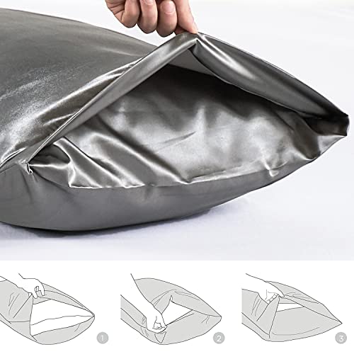 FOX-TECH Satin Pillowcase for Hair and Skin Set of 2, Super Soft and Smooth Pillowcase with Envelope Closure, Silk Pillow Case Queen 2 Pack, 20β x 30β (Dark Grey)