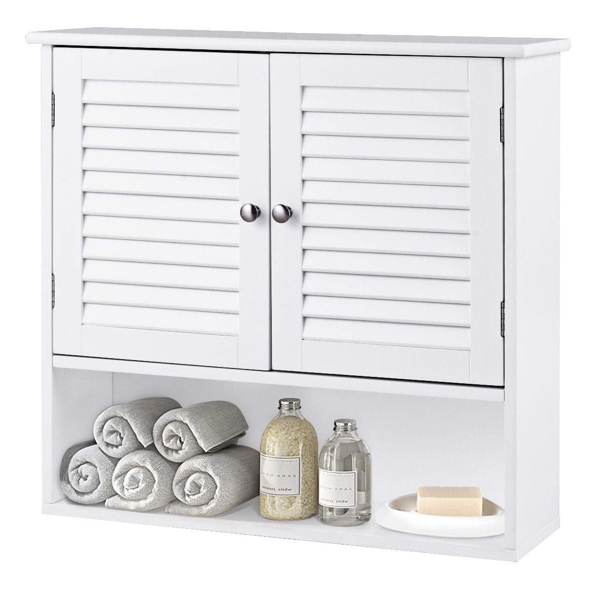 GOFLAME Bathroom Cabinet Wall Mounted, Wood Medicine Cabinet Storage Organizer with 2 Doors and 1 Shelf, Wall Cabinet with Adjustable Shelf, Simple and Modern Style, White