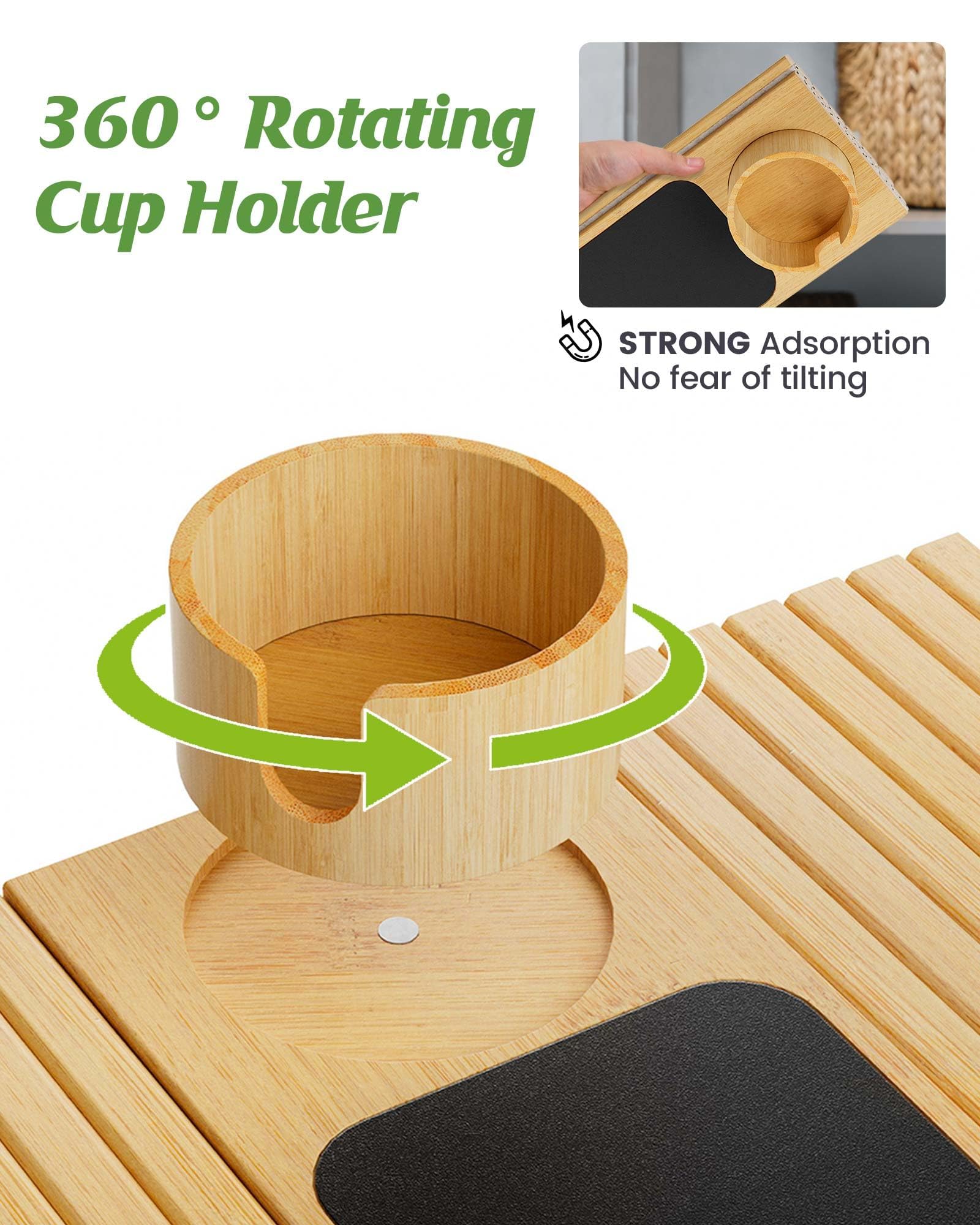 BS-VOG Couch Cup Holder, Bamboo Couch Arm Tray with 360° Rotating Drink Holder, Foldable Anti-slip Couch Arm Table, Sofa Armrest Tray Clip on Wide Couches for Eating, Snacks, Remote, No Installation