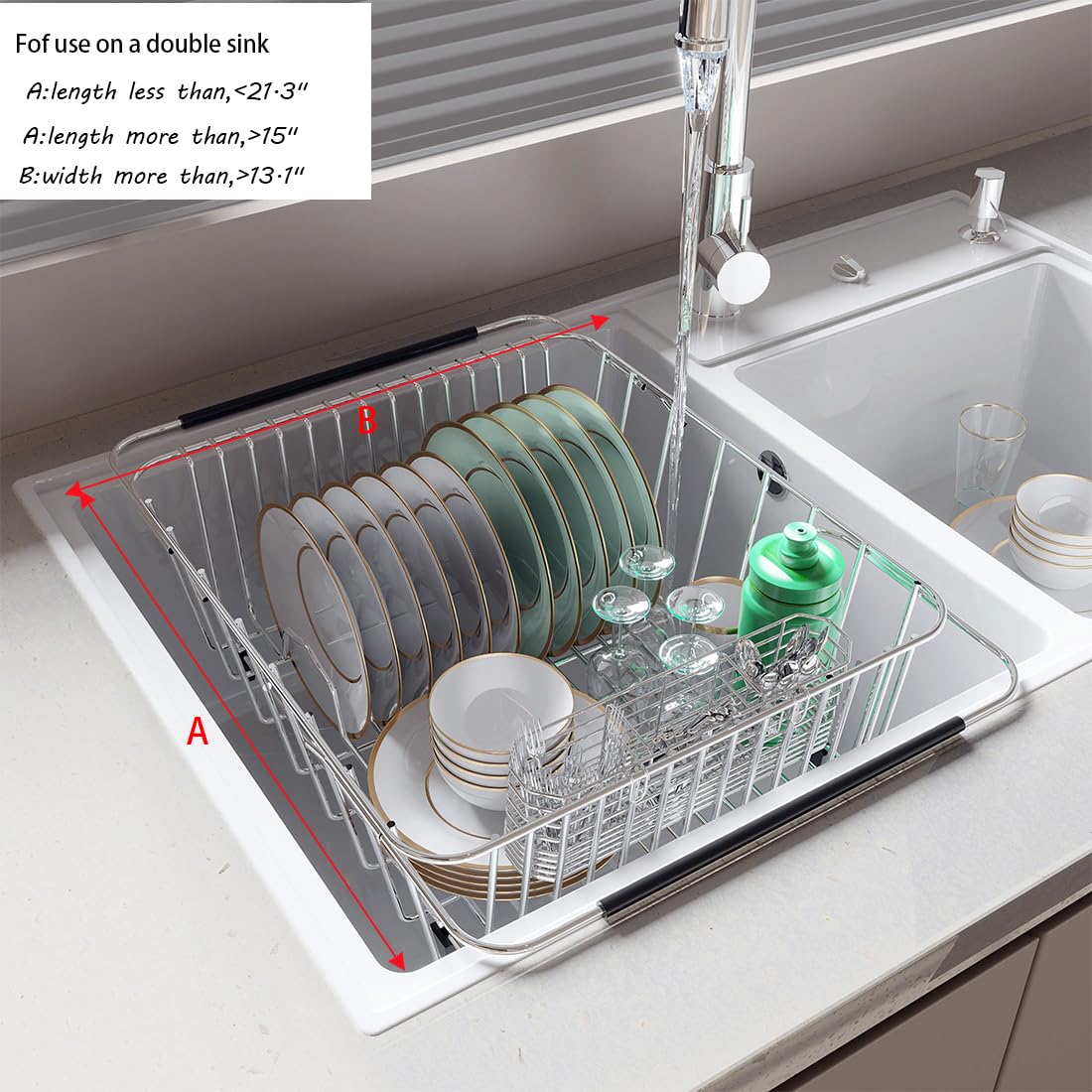 ESBOLM Dish Drainers for Inside Sink - Adjustable Over Sink Stainless Steel Dish Rack,Expandable 15.1" to 21.28" Dish Drying Rack,with Utensil Holder-X-Large(for 3-6 People)
