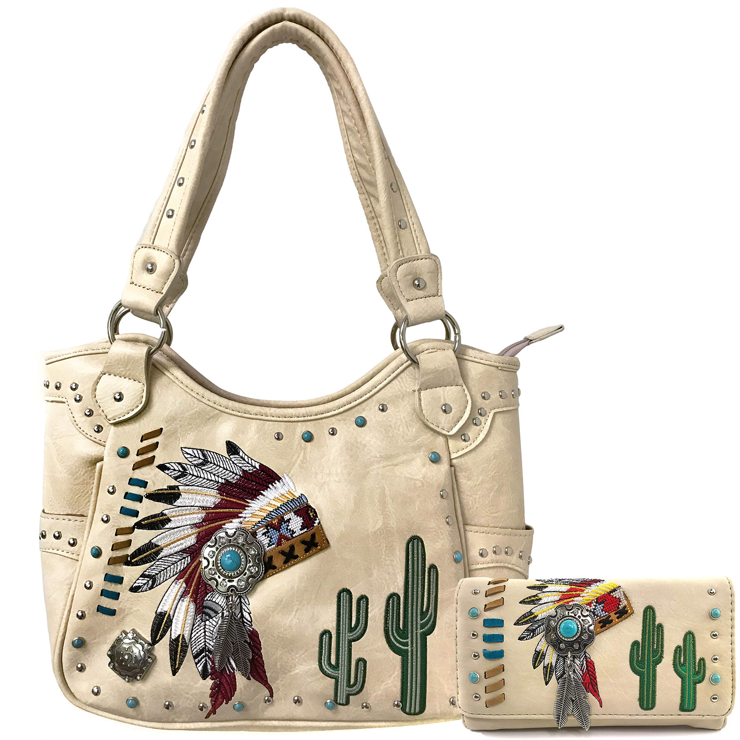 Justin West Native American Chieftain Cactus Feathers Embroidered Studded CCW Concealed Carry Shoulder Purse Handbag Wallet (Beige)