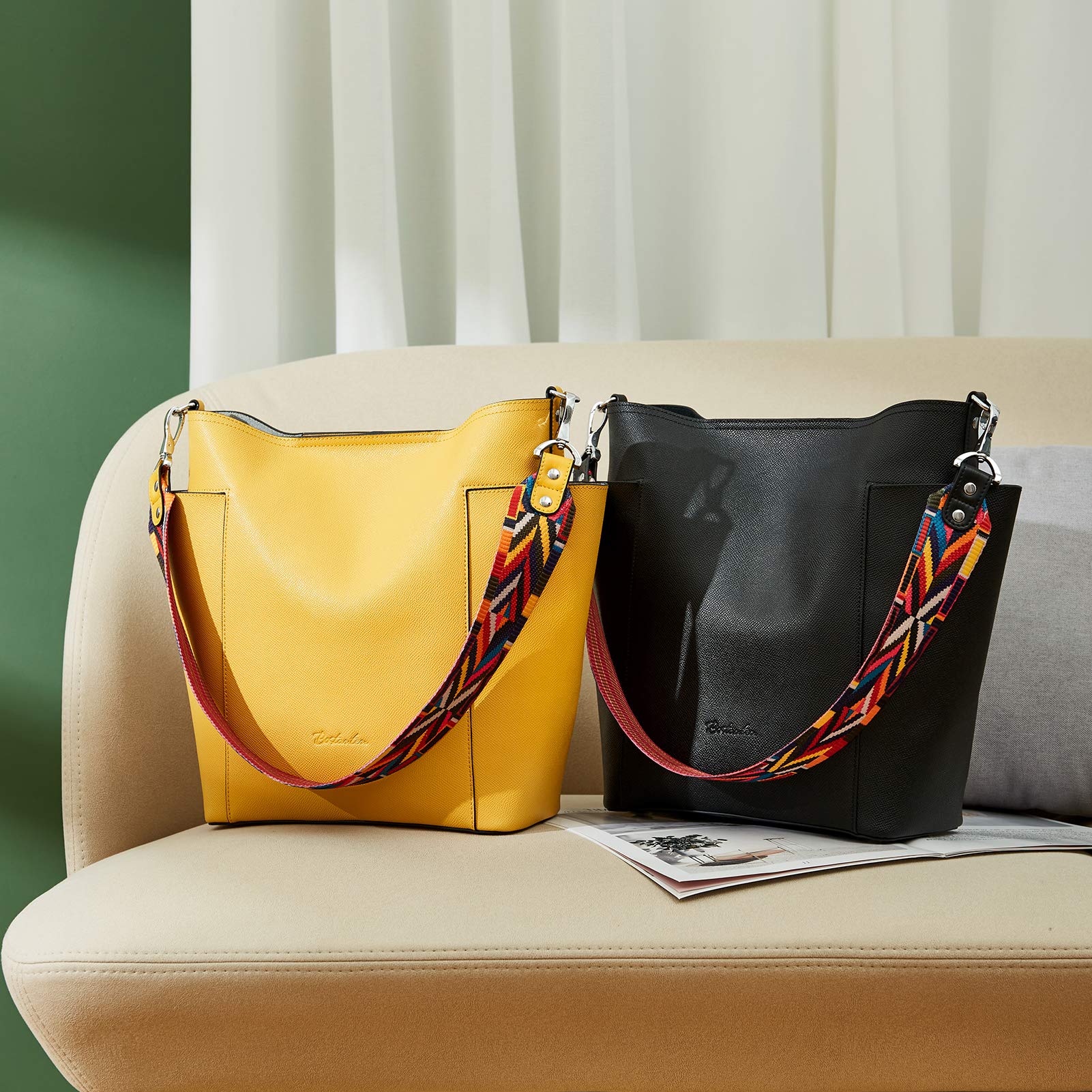 BOSTANTEN Genuine Leather Bucket Handbag Designer Hobo Shoulder Bag Tote Purses and Handbags Set with Clutch Purses Yellow-grainy