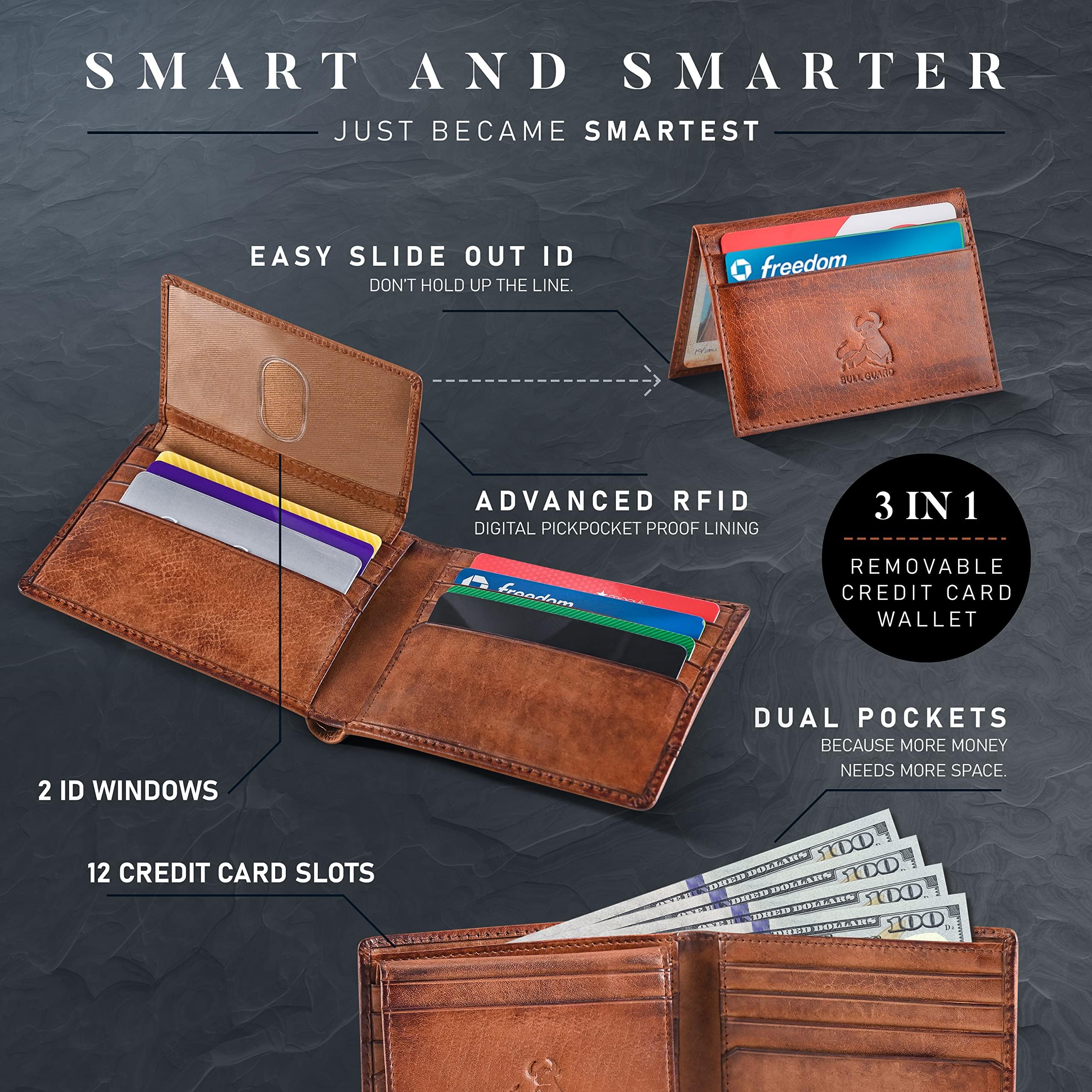 BULL GUARD Cognac Brown Leather Wallet for Men | RFID Blocking Bifold with Removable ID Credit Card Holder