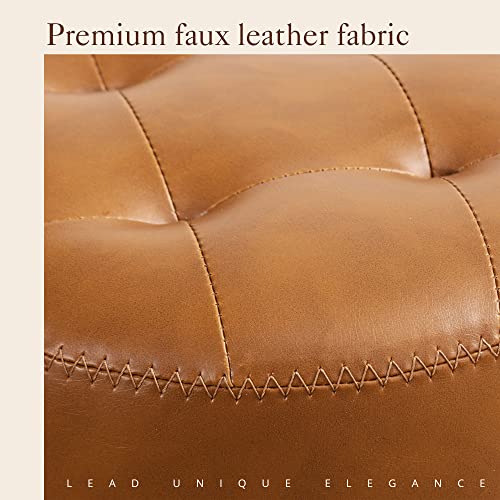 LUE BONA Faux Leather Vanity Stool Chair for Makeup Room, Brown Stool for Vanity, 19” Height, Tufted Small Vanity Chair Stool with Metal Legs, Modern Foot Stool Ottoman for Bedroom, Living Room