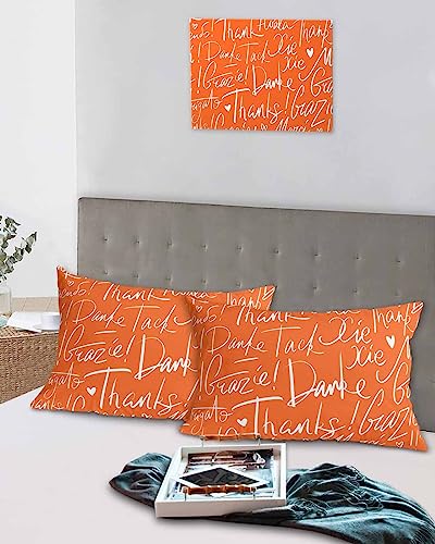 Edwiinsa Orange Pillow Covers Standard Size Set of 2 Bed Pillow, Farmhouse Modern White Thanks Words Plush Soft Comfort for Hair/Skin Cooling Pillowcases with Envelop Closure 20''x26''