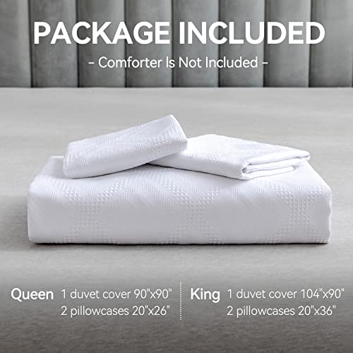 JELLYMONI White Waffle Duvet Cover Queen Size - 3PCS Textured Microfiber Comforter Cover with Diamond Jacquard Pattern, Luxury Soft Bedding Set with 8 Corner Ties & Double Zipper Closure