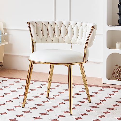 RHYNZEE Accent Velvet Dining Chair with Gold Metal Legs, Woven Modern Living Room Chairs Upholstered Side Chair for Bedroom Kitchen Vanity Guest Reception Room (Beige)