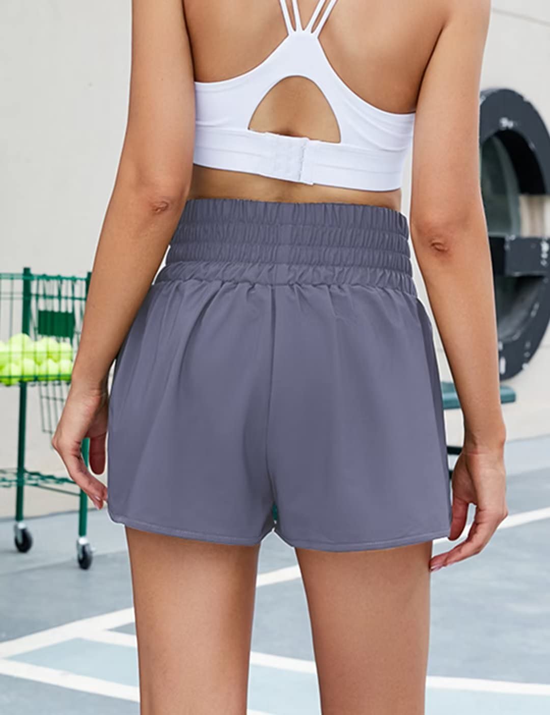 Blooming Jelly Women's High Waisted Running Shorts Athletic Active Workout Shorts with Zip Pocket (Medium, Blue Grey)