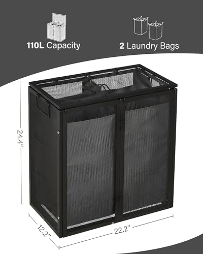 Crkmire Heavy Duty Metal Wire Laundry Hamper Lid, 29Gal (110L) 2 Section Divided Laundry Basket Double Clothes Hamper Bin for Laundry Room, Bedroom, Dorm & Kids
