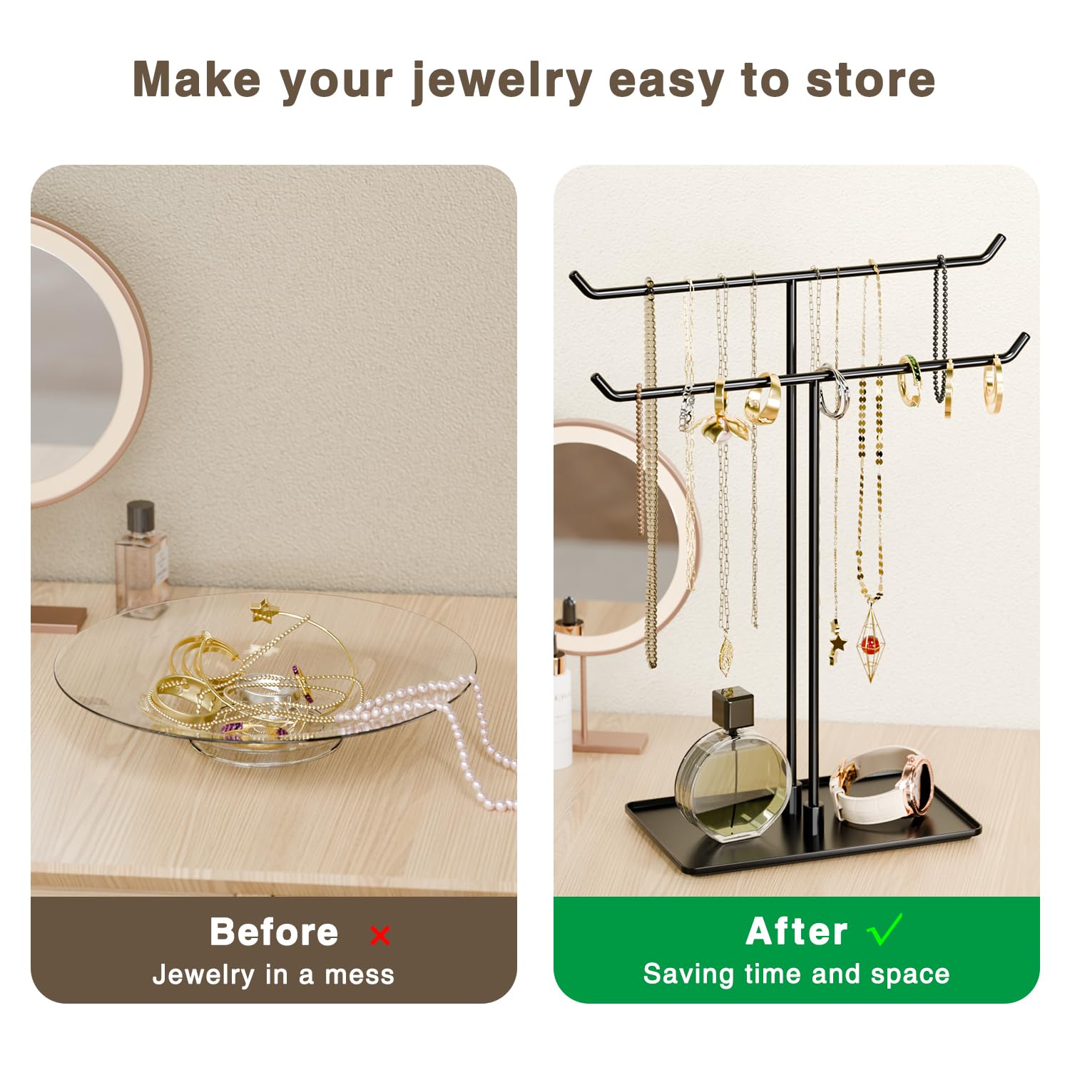 bussdis Necklace Stand Aesthetic Necklace Holder: Black Metal Necklace Organizer for Home Decor