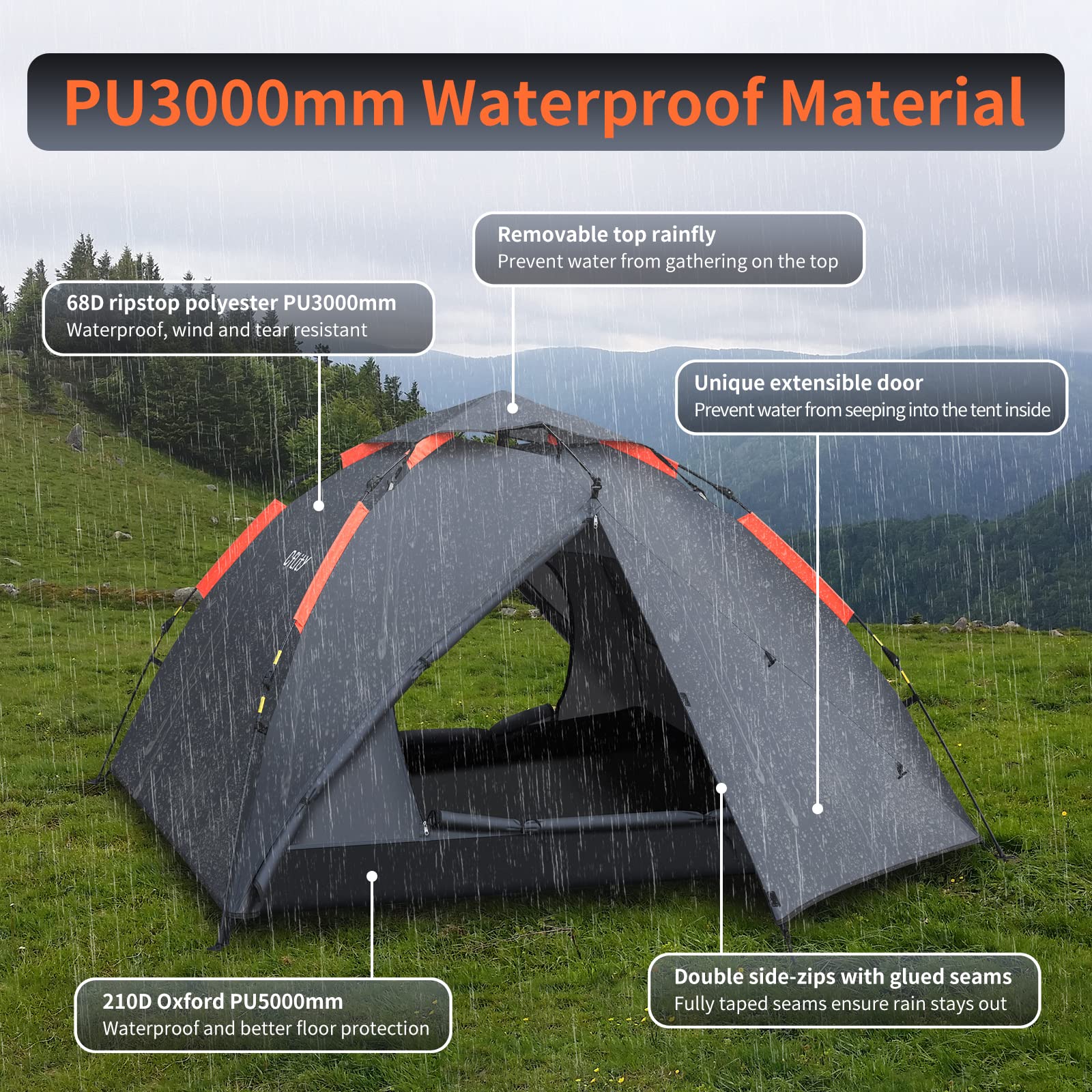 Cflity Camping Tent, 3 Person Instant Pop Up Tent Waterproof Three Layer Automatic Dome Tent, Large Lightweight 4 Seasons Tent, Backpacking Tent with Removable Rain-Fly 2 Extensible Porch for Camping