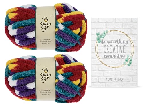 Eternal Bliss Yarn from Yarn Bee, Jumbo Chunky Chenille Yarn for Knitting, Crocheting, and Crafts, 2 Pack Bundle with Craft Notebook from Pro31 Press (Balloon Fiesta)