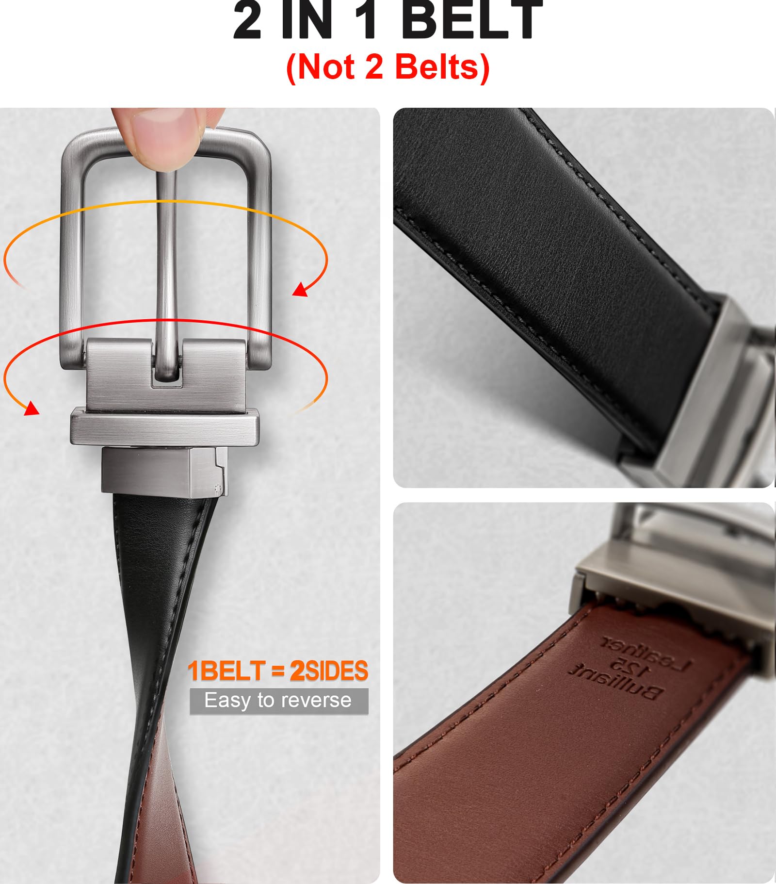 BULLIANT Men's Belt,Reversible Belt 1.25" For Gift Mens Casual Golf Dress pants shirts,One Reverse For 2 Sides(Black/Light Brown,32"-34" Waist Adjustable)