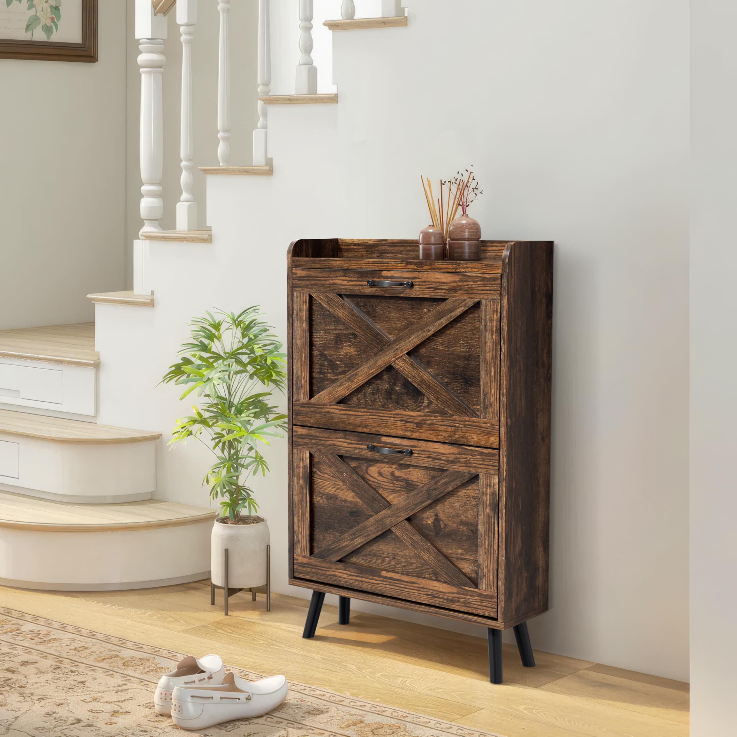 Incbruce Shoe Storage Cabinet with 2 Flip Drawers, Freestanding Ultra-Thin Shoe Cabinet with Wooden Legs for Entryway, Hallway, Bedroom (Brown - Small)