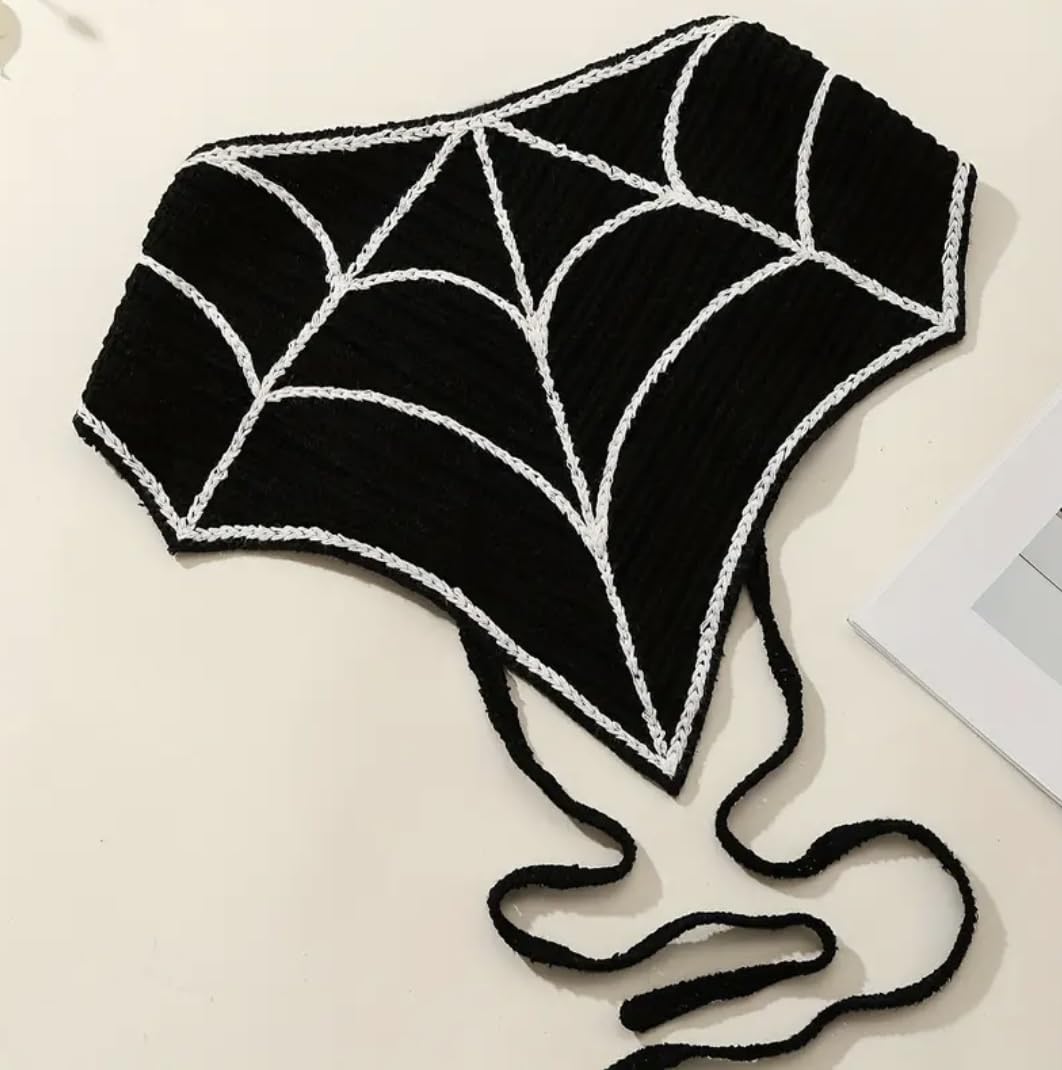 ClawsandPaws Gothic Spiderweb Crochet Bandana Scarf, Spiderweb Greyscale Halloween Style, Spider Web Witch Board Gothic Neck Bandanas, Triangle Headband, Unisex, Black