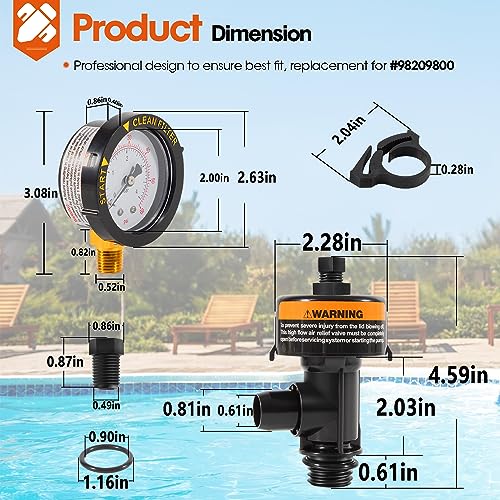 DearChan 98209800 High Flow Manual Relief Valve/Air Relief Manual Valve Assembly with Pressure Gauge, Replacement for Pool and Spa Filter