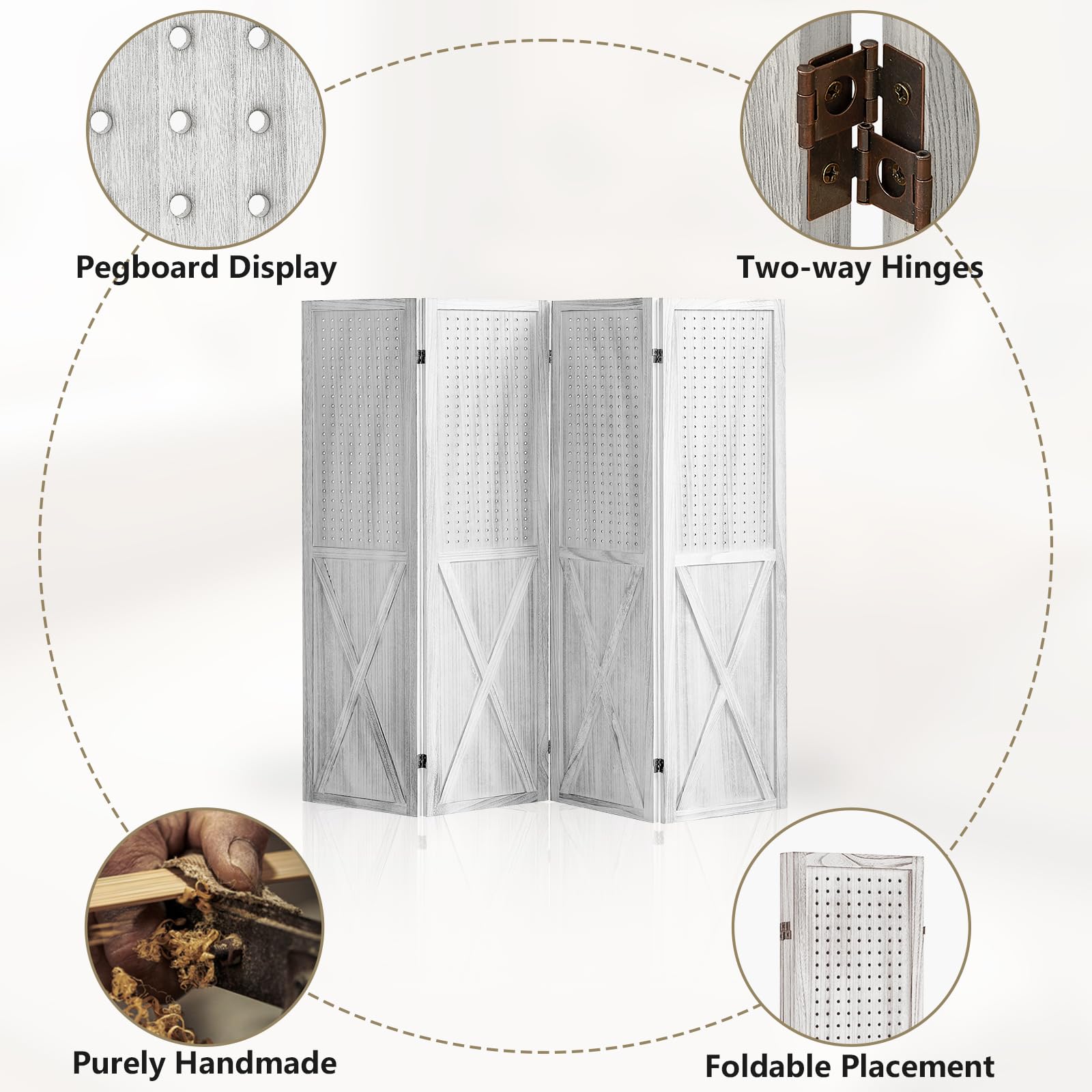 Leesinwing 4 Panel Pegboard Display, 5.6Ft Wood Room Dividers and Folding Privacy Screens, Peg Board Room Divider, Portable Display Board Organizer for Art, Jewelry, Crafts Display Racks, Off White