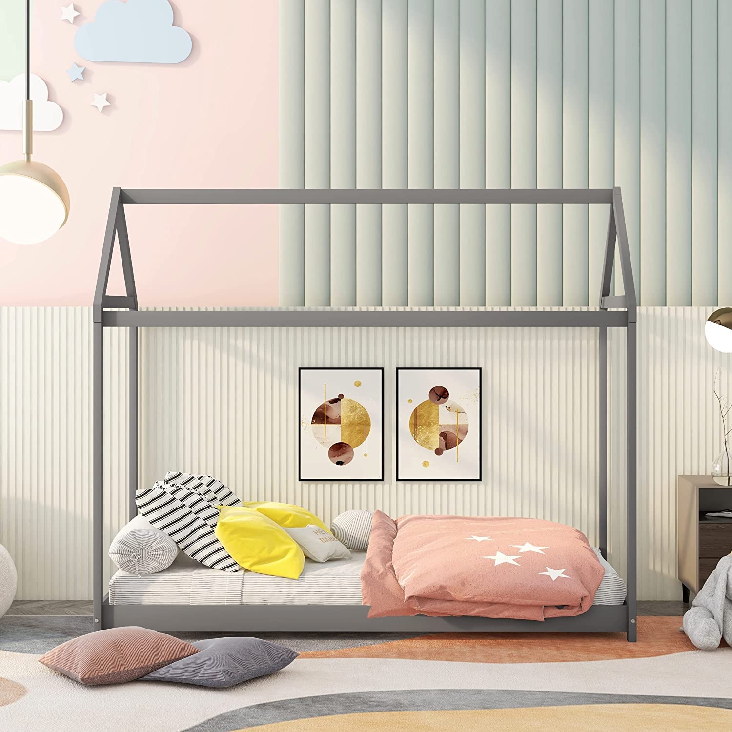 House Twin Bed Frame Wooden Platform Bed for Kids,No Box Spring Needed, Gray