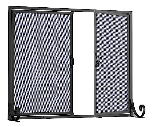 Fire Beauty Fireplace Screen with Hinged Doors, Powder Coated Steel Frame, Metal Mesh, Handcrafted Solid Steel,Decorative Design, Free Standing Spark Guard