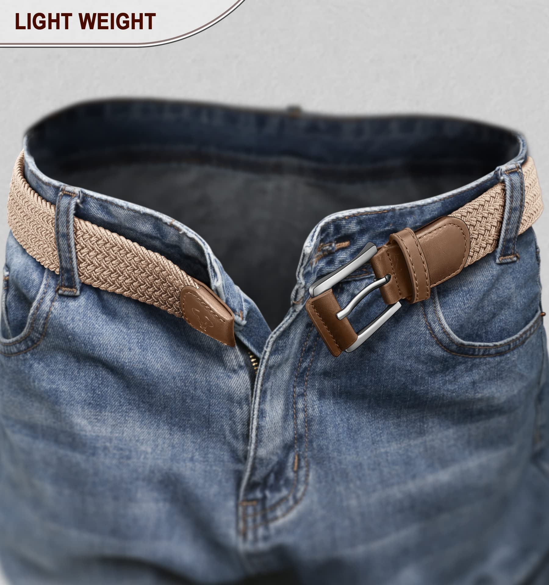 BULLIANT Stretch Belt Men,Mens Gift Woven Braided Web Belt 1 3/8 for Golf Casual Pants Shirts Jeans(Beige,30"-34" Waist Adjustable)