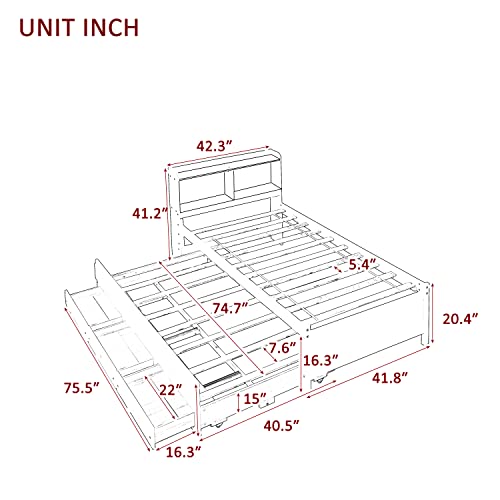 Harper & Bright Designs Twin Bed with Twin Size Trundle and Drawers, Solid Wood Platform Bed Frame with Bookcase Headboard for Kids Teens Adults (Twin Size, Gray)