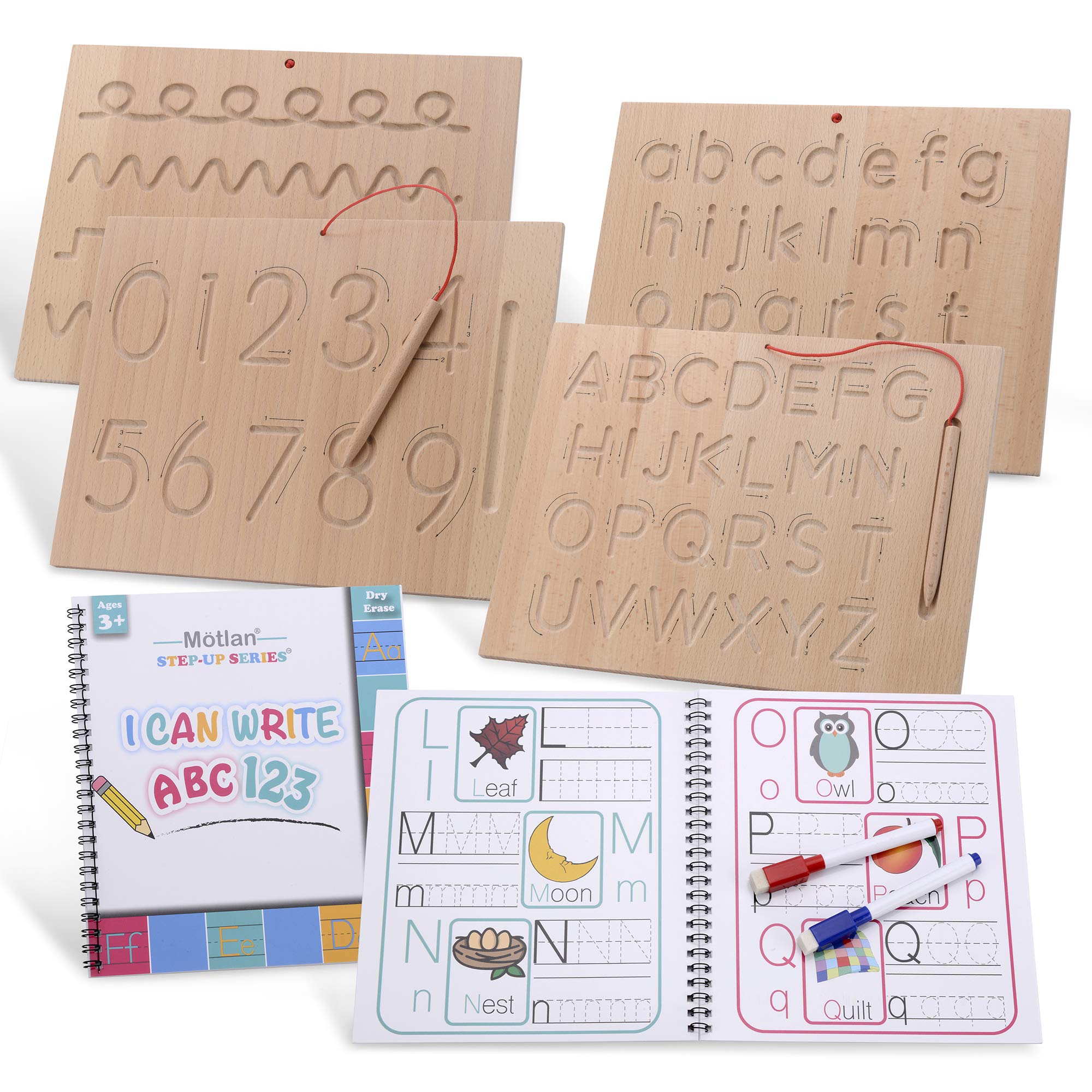 Motlan Montessori Wooden Alphabet & Numbers Tracing Board w/Dry Erase Book Bonus | Wood Letter Tracing- 2 Double-Sided Boards - for Toddlers and Preschool