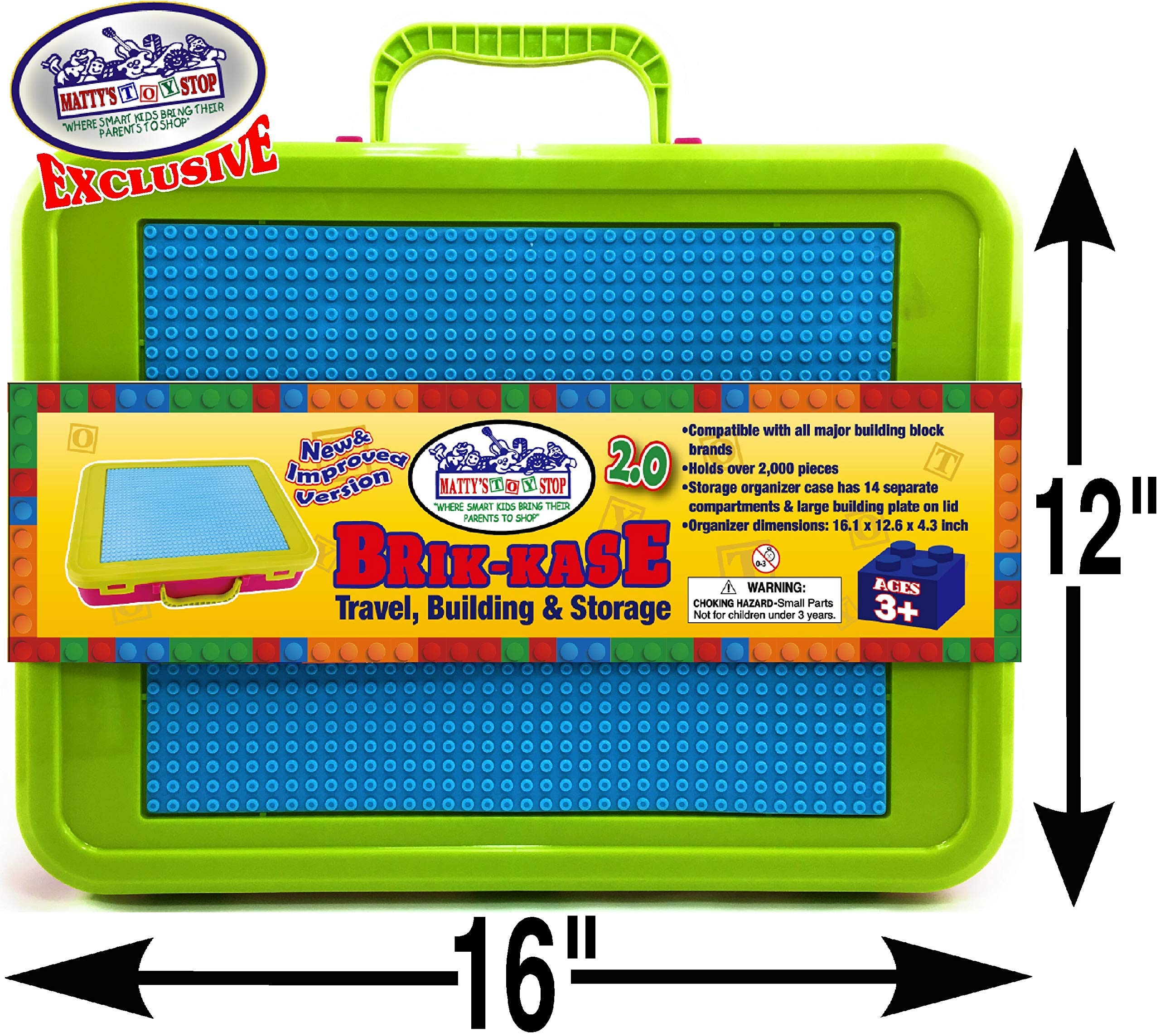 Matty's Toy Stop Brik-Kase 2.0 Travel, Building, Storage & Organizer Container Case with Building Plate Lid (Holds Approx 2000pcs) - Compatible with All Major Brands (Pink, Lime & Aqua)