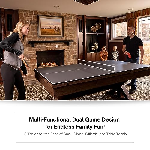 Freetime Fun 3 in 1 Multi Game 7 FT Pool Table with Dining Top and Ping Pong Table with Benches, Includes Billiard Accessories and Tennis Paddles - Combo Table (Espresso)