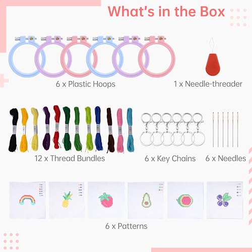joyibay 6PCS 3'' Cross Stitch Embroidery Kits for Kids, Cross Stitch Beginner for Handicraft, Fruit Patterns DIYĀ Handmade Pendant Hoops for Kids Manual Backpack Decoration with Chains