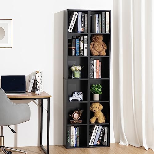 HOFFREE 6-Tier Narrow Bookcase Tall Wood Bookshelf Cabinet Cube Organizer Book Shelves Display Storage Shelves Rack for Small Spaces Home Office Living Room - Black
