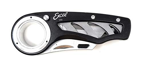 Excel Blades Revo Folding Pocket Utility Knife - Aluminum Body Heavy Duty Box Cutter with Holster, Anti-Slip Finger Loop Design Grip, Quick Change Blades and 3 Lock Positions Design, Black