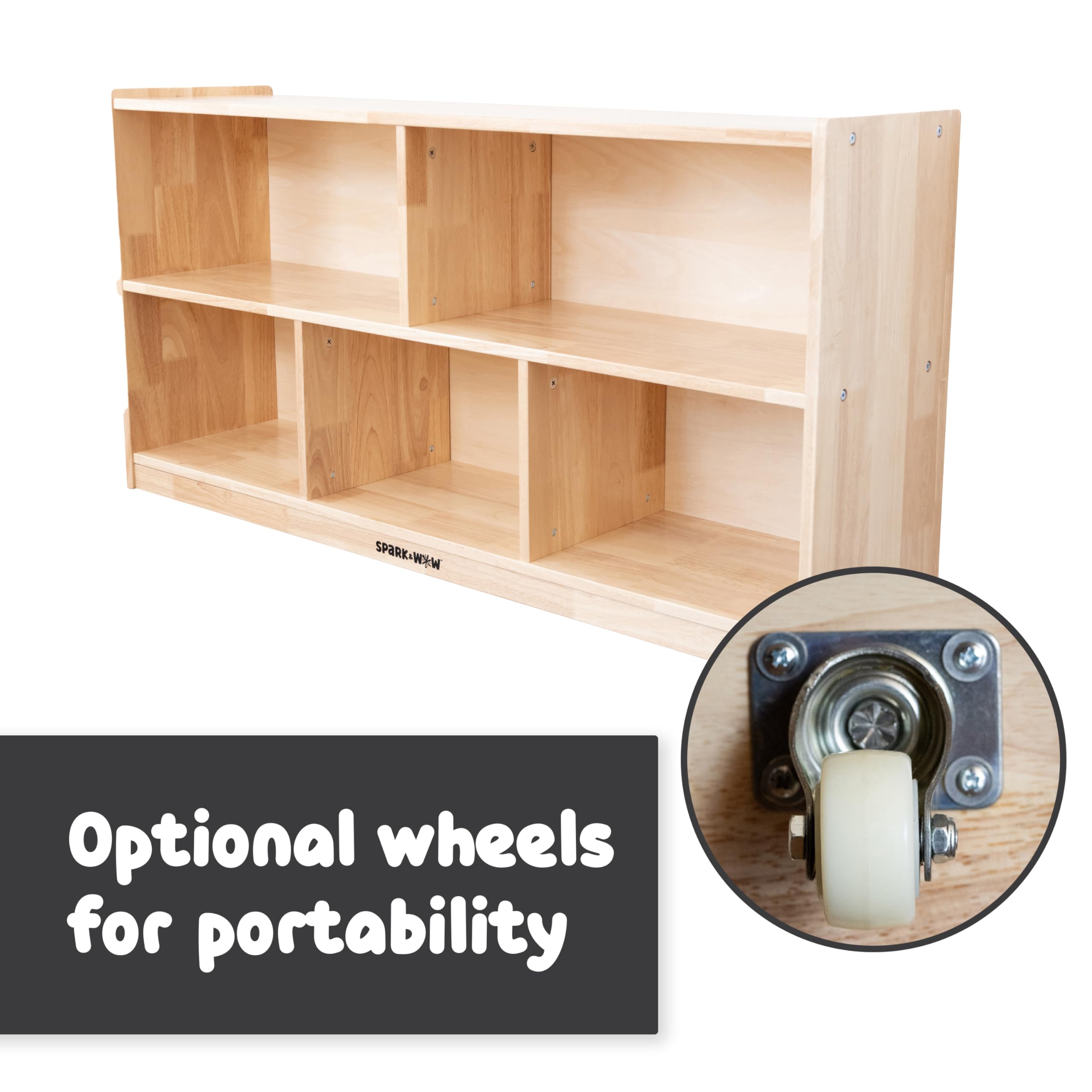 SPARK & WOW 5-Compartment Solid Wood Storage Cabinet - Toy Shelf Organizer - Shelves for Classroom - Includes Optional Wheels