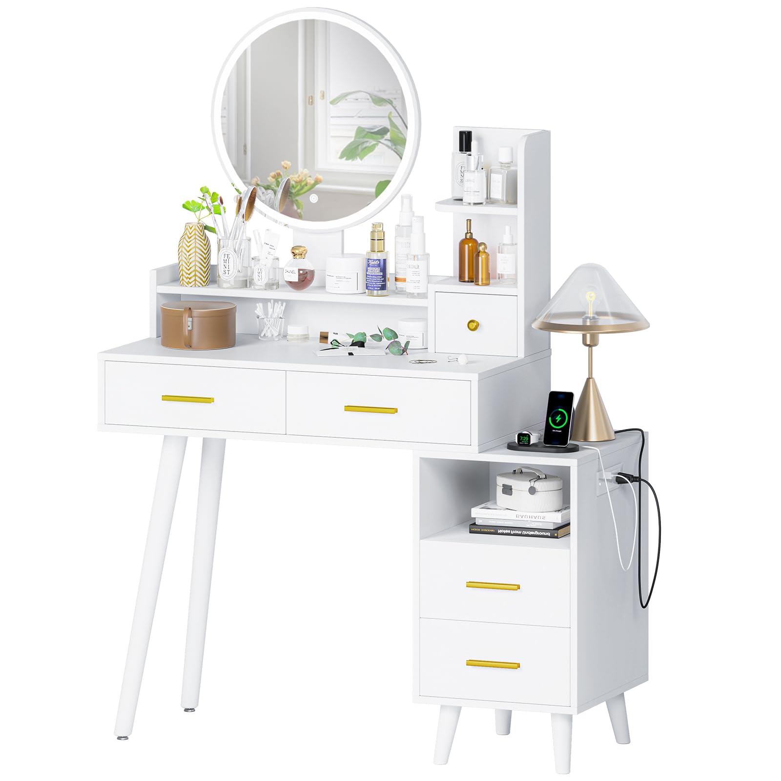 BTHFST Makeup Vanity with Lights and Charging Station, White Vanity Desk with Round Mirror and Lights, Vanity Table with Drawers and Shelves, Makeup Table with Touch Screen Mirror and Nightstand