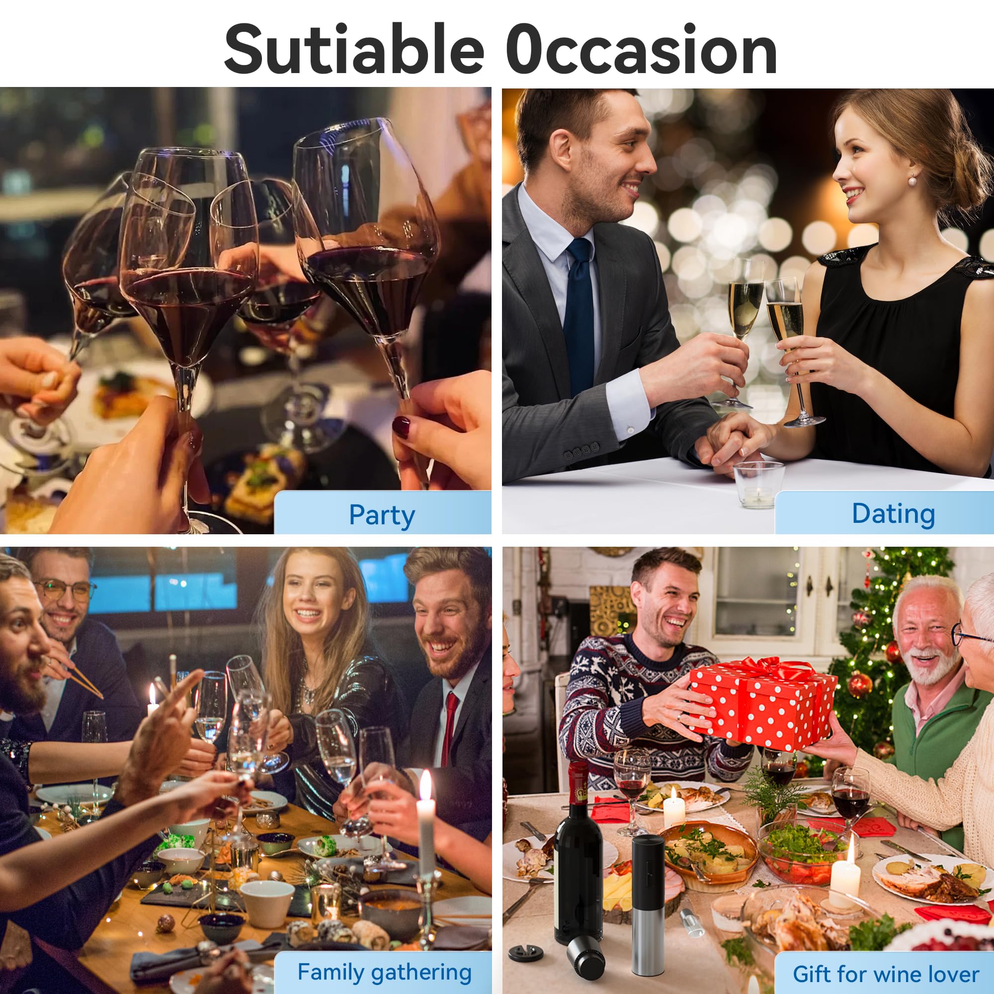 Electric Wine Opener, Automatic Wine Bottle Corkscrew with Air Pump, Foil Cutter, Pourer, Vacuum Stoppers (4PCS), Professional Easy Rechargeable Vino Opener Set Suitable for Home, Travel