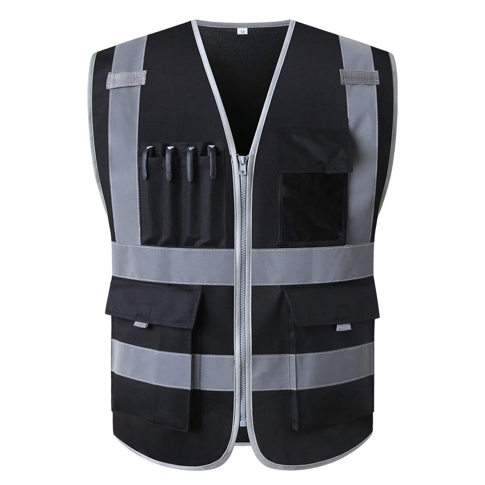 Black Safety Vest Reflective With Pocket And Zipper Construction Vest With Reflective Stripes Hi Vis Workwear(Black, M)