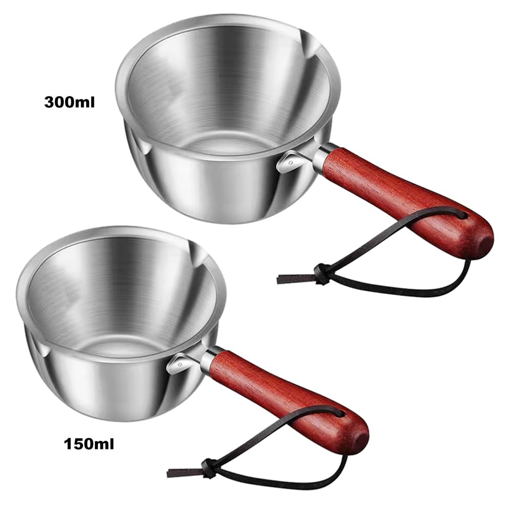 Butter Warmer Pot,Inside with clear scale Small Saucepan with Heat Resistand Wooden Handle and Dual Pour Spout Stainless Steel Small Milk Saucepan(size:300ml)