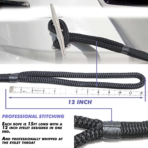 INNOCEDEAR 4 Pack 1/2β X 15β Dock Lines|Marine-Grade Double-Braided Nylon Dock Line with 12β Eyelet.Hi-Performance Boat Rope Mooring Rope Black Dock Line