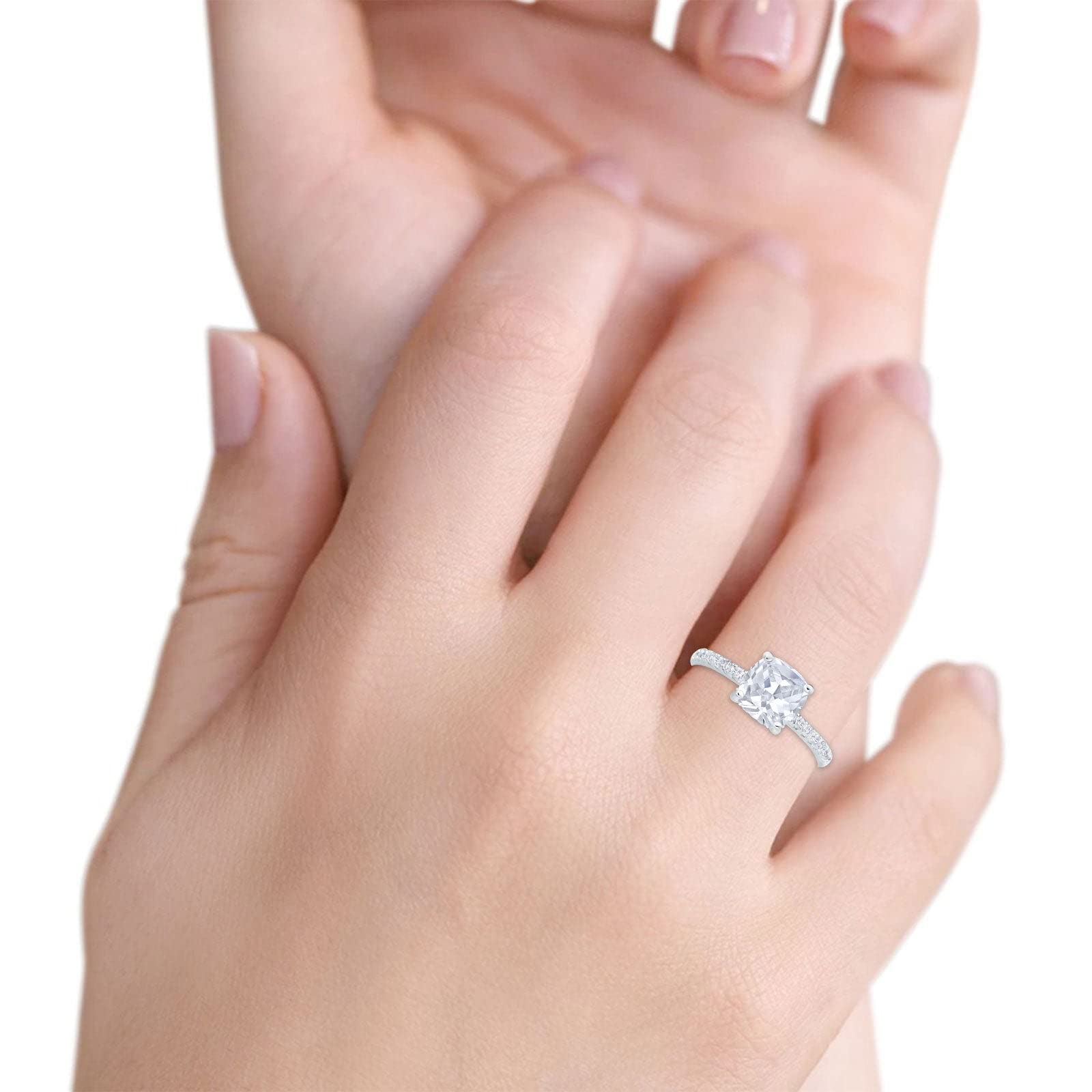 Blue Apple Co. Simulated Cubic Zirconia Size-8 Vintage Art Deco Cushion Cut Wedding Engagement Bridal Ring Round CZ 925 Sterling Silver